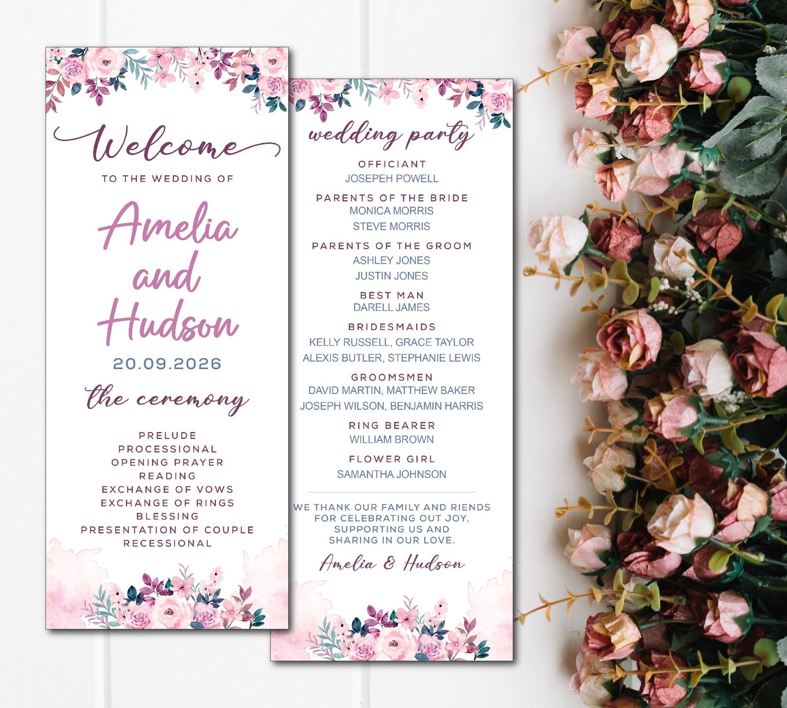 Floral Wedding Program Editable Template | Bi-fold Wedding Party ...