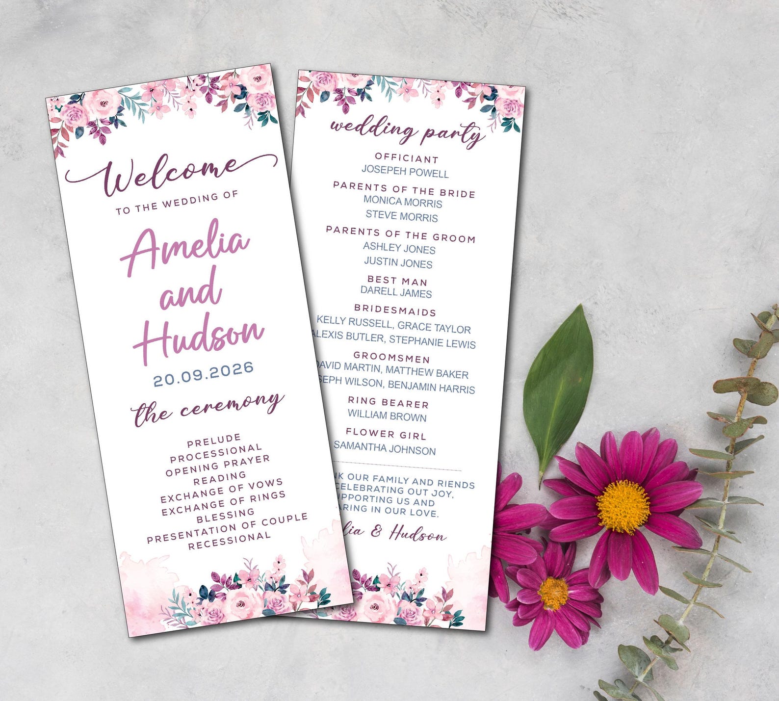 Floral Wedding Program Editable Template | Bi-fold Wedding Party ...