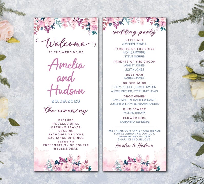 Floral Wedding Program Editable Template | Bi-fold Wedding Party ...