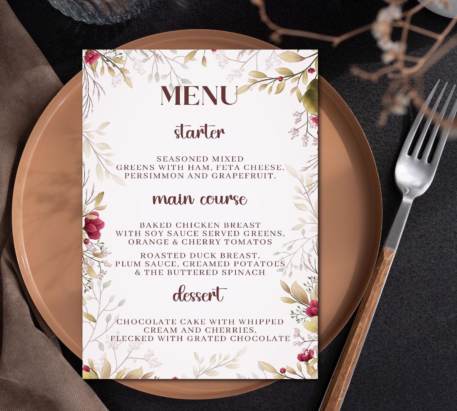 Tabletop Wedding Menu Template Floral Wedding Reception Dinner Menu ...