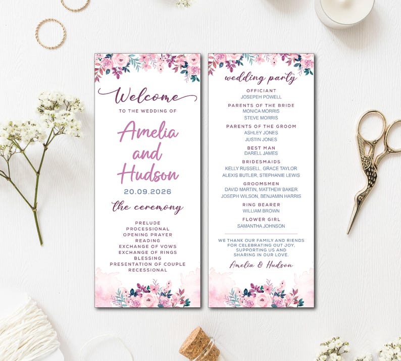 Floral Wedding Program Editable Template | Bi-fold Wedding Party ...