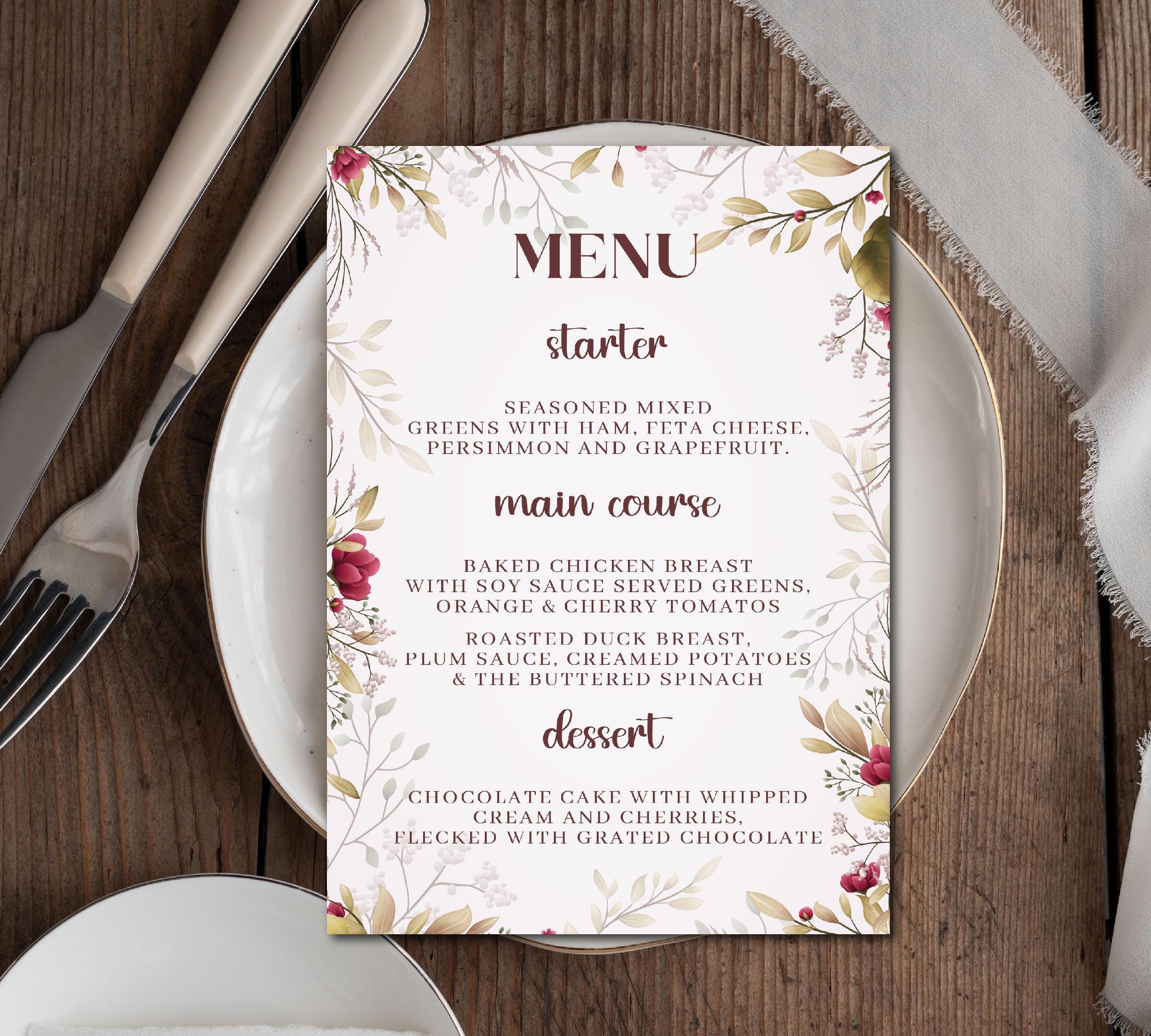 Tabletop Wedding Menu Template Floral Wedding Reception Dinner Menu ...