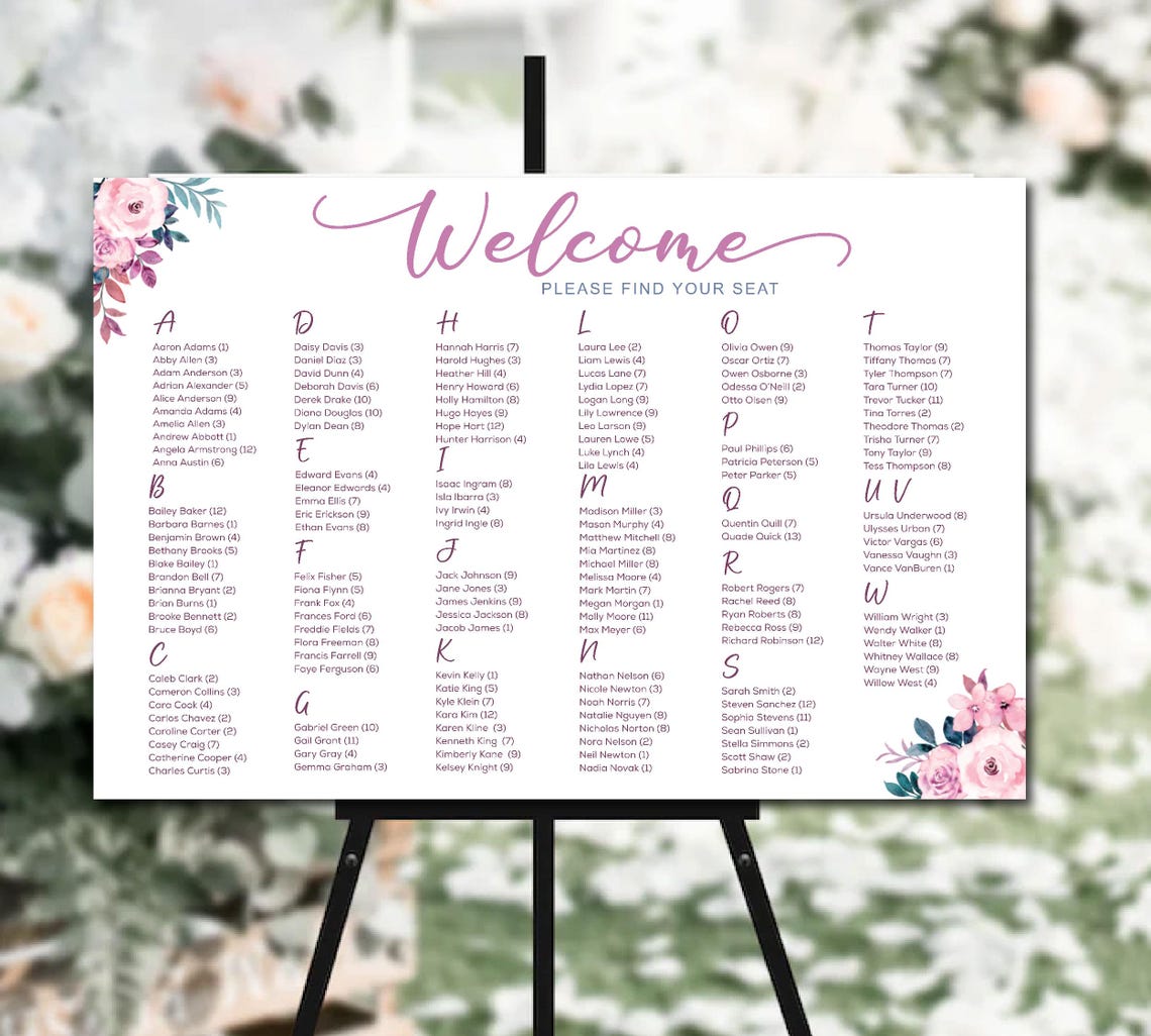 Alphabetical Seating Chart Sign Template | Wedding Seating Plan Sign ...