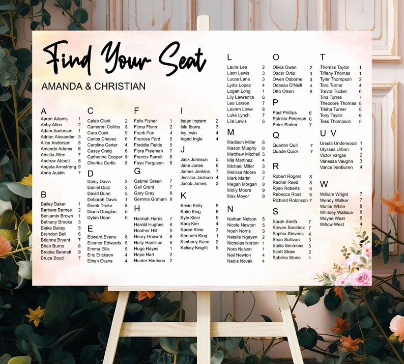 Alphabetical Seating Chart Sign Template Floral Printable Seating ...