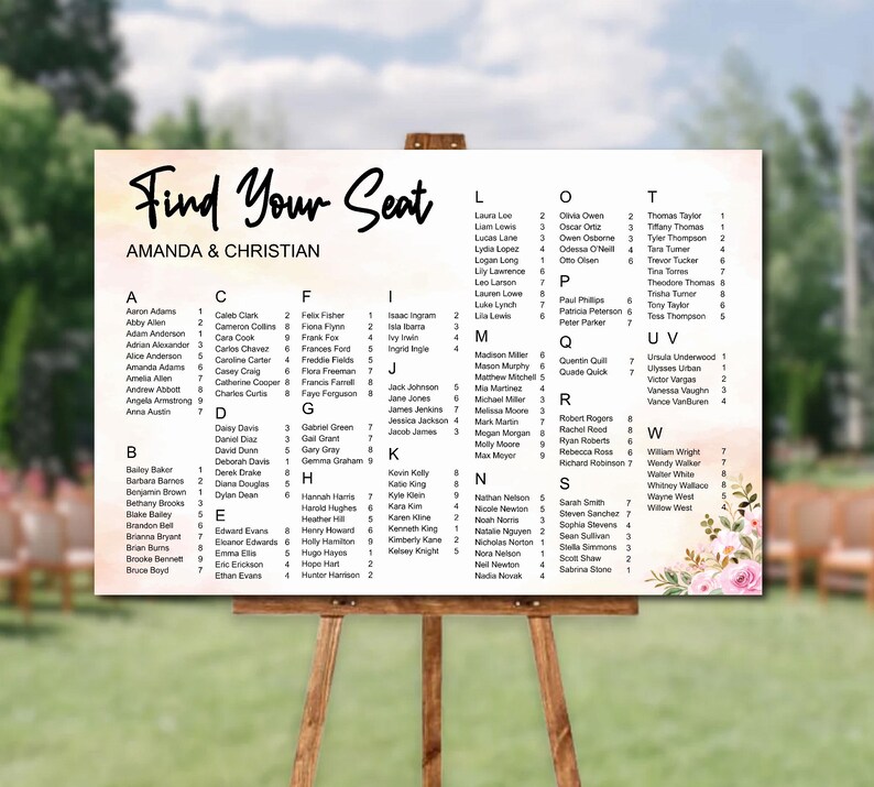 Alphabetical Seating Chart Sign Template Floral Printable Seating ...