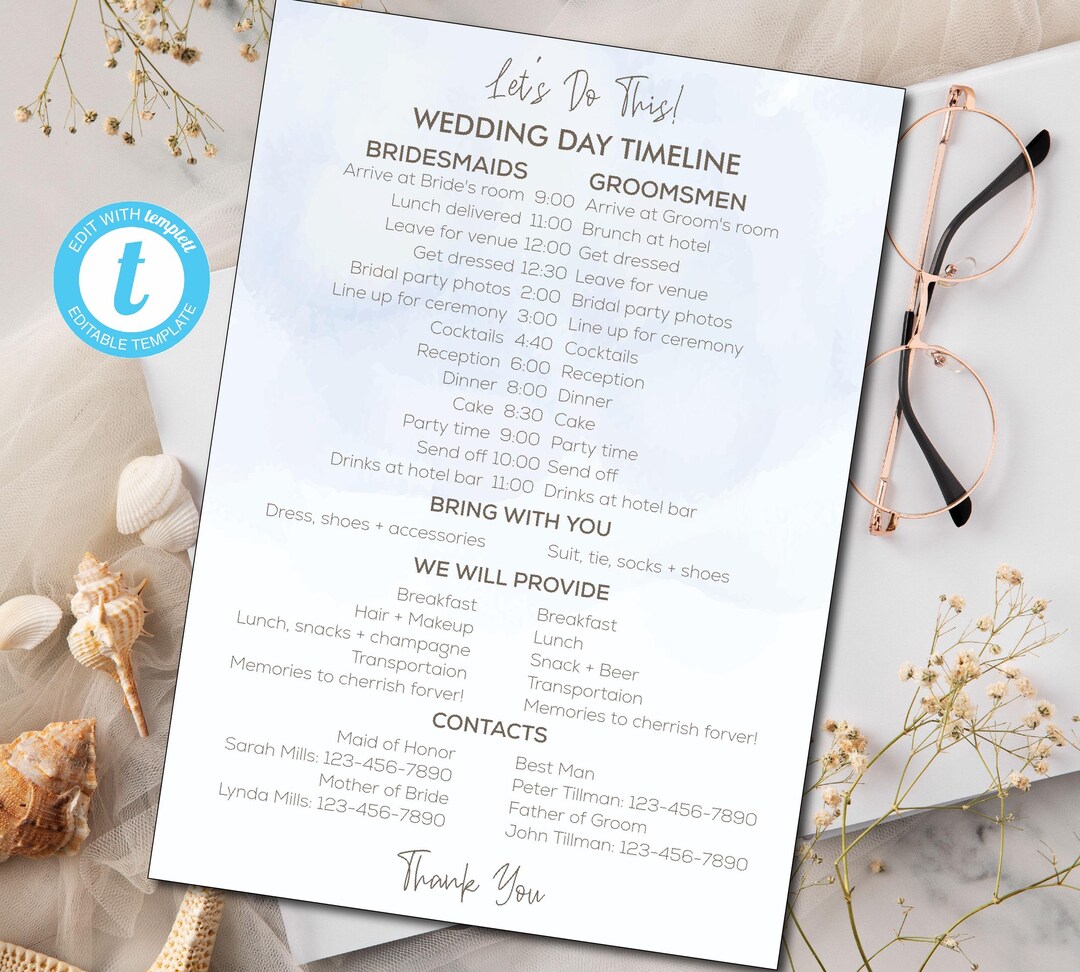 Bridal Wedding Party Timeline Editable | Wedding Party Itinerary ...