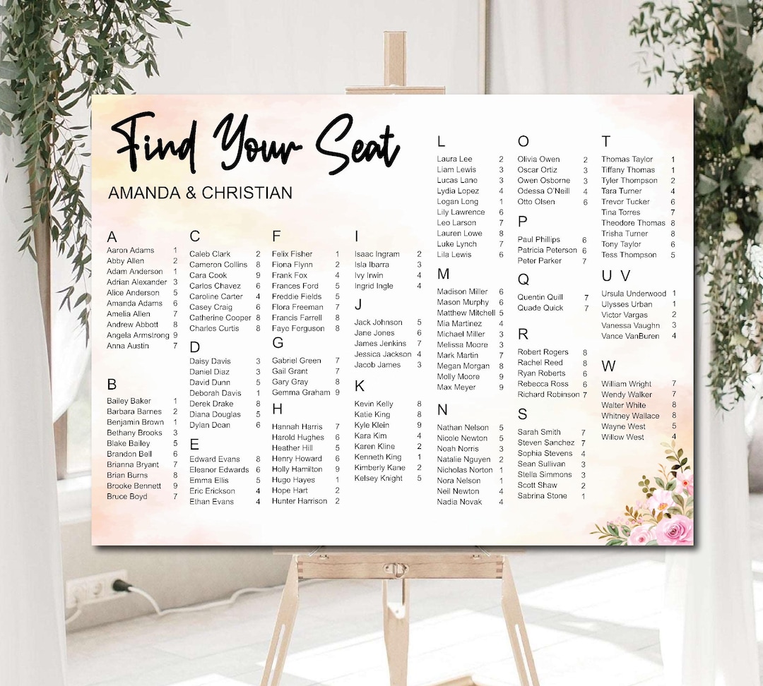 Alphabetical Seating Chart Sign Template Floral Printable Seating ...