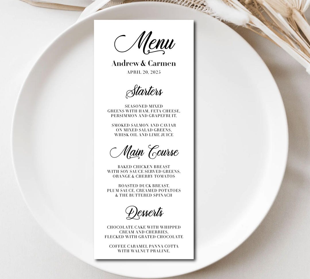Minimalist Wedding Menu Template | Simple Wedding Dinner Menu ...