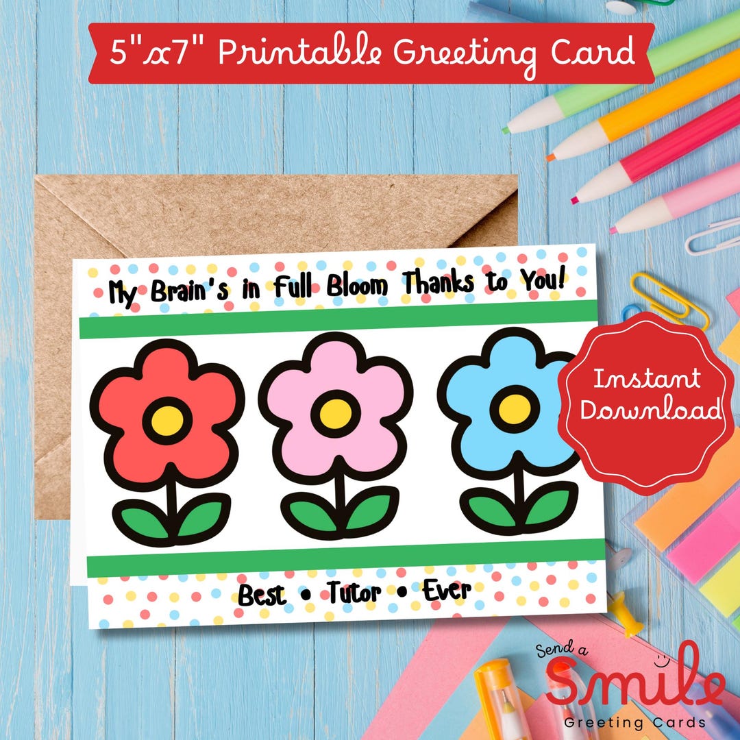 Printable Tutor Thank You Card: Colorful Floral Appreciation Note (5x7 ...
