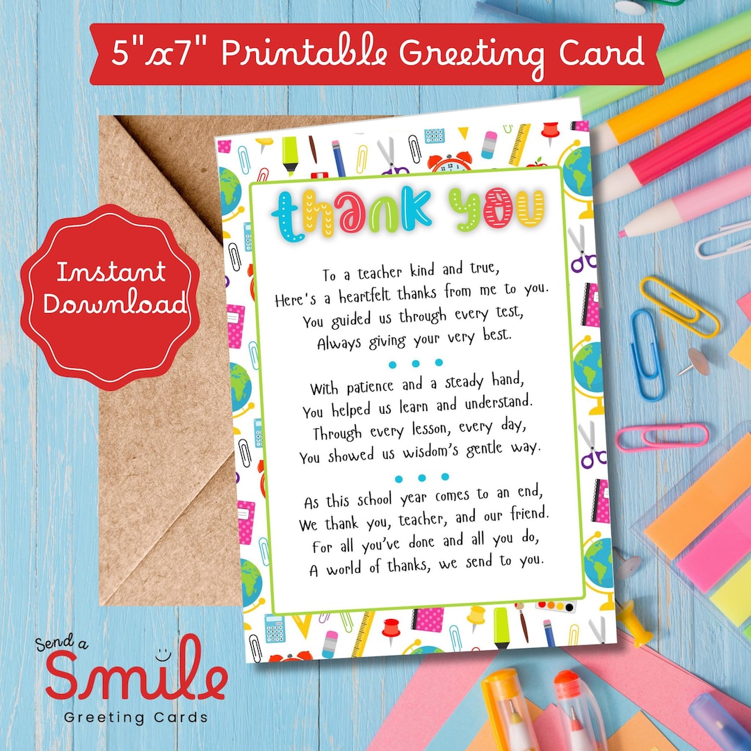 Teachers Thank You Card for End of School Year Teacher/ Best Teacher ...
