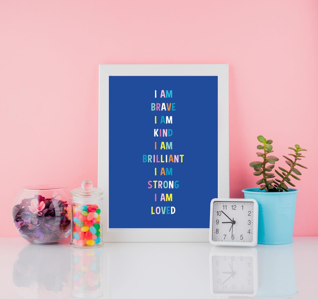 Kids Affirmation Blue Wall Art – I Am Brave Kind Strong Loved Poster ...