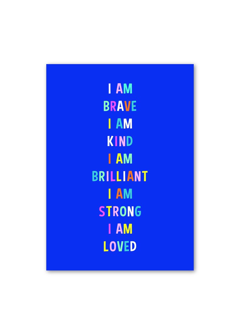 Kids Affirmation Blue Wall Art – I Am Brave Kind Strong Loved Poster ...