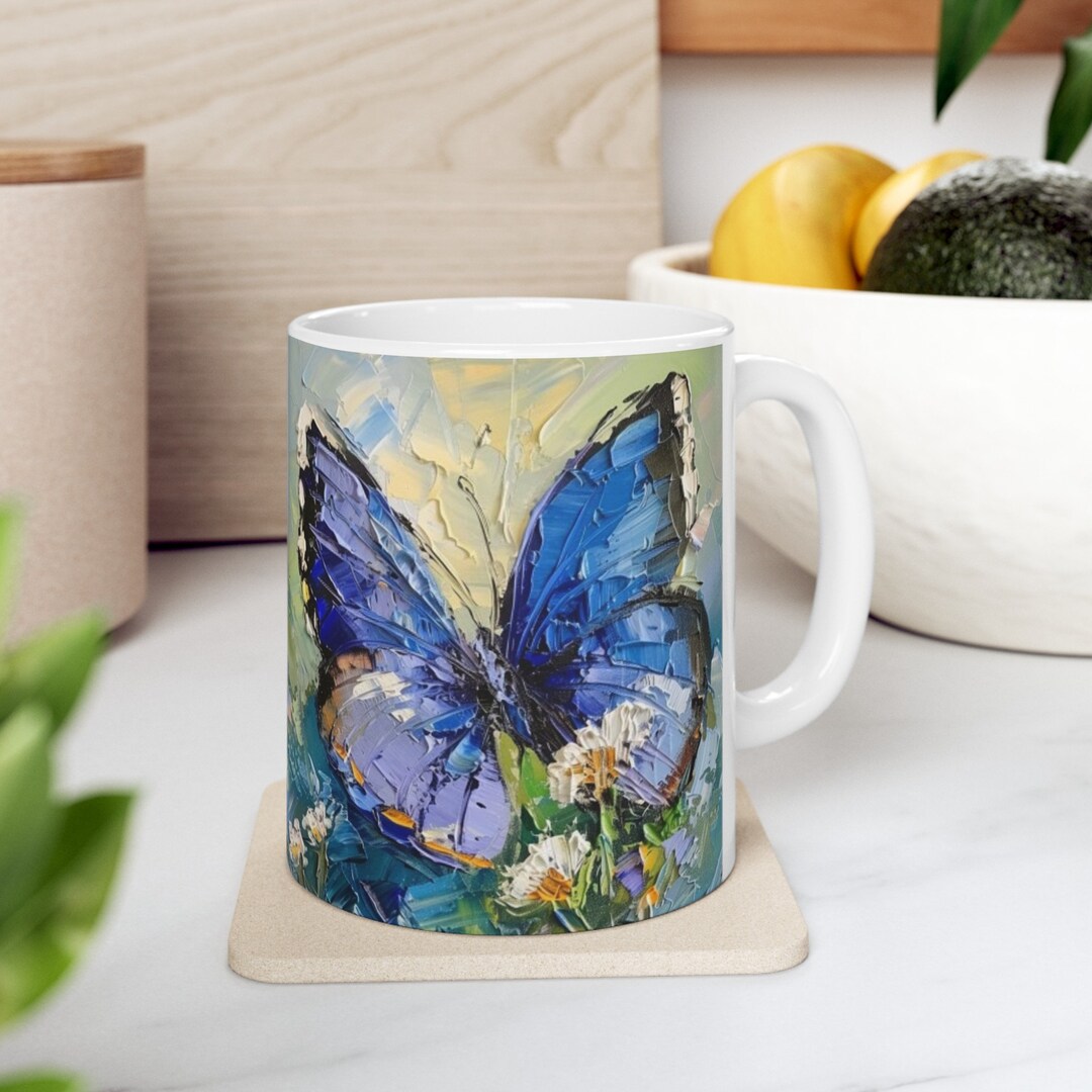 Blue Butterfly Mug Impressionist Painting Style. - Etsy