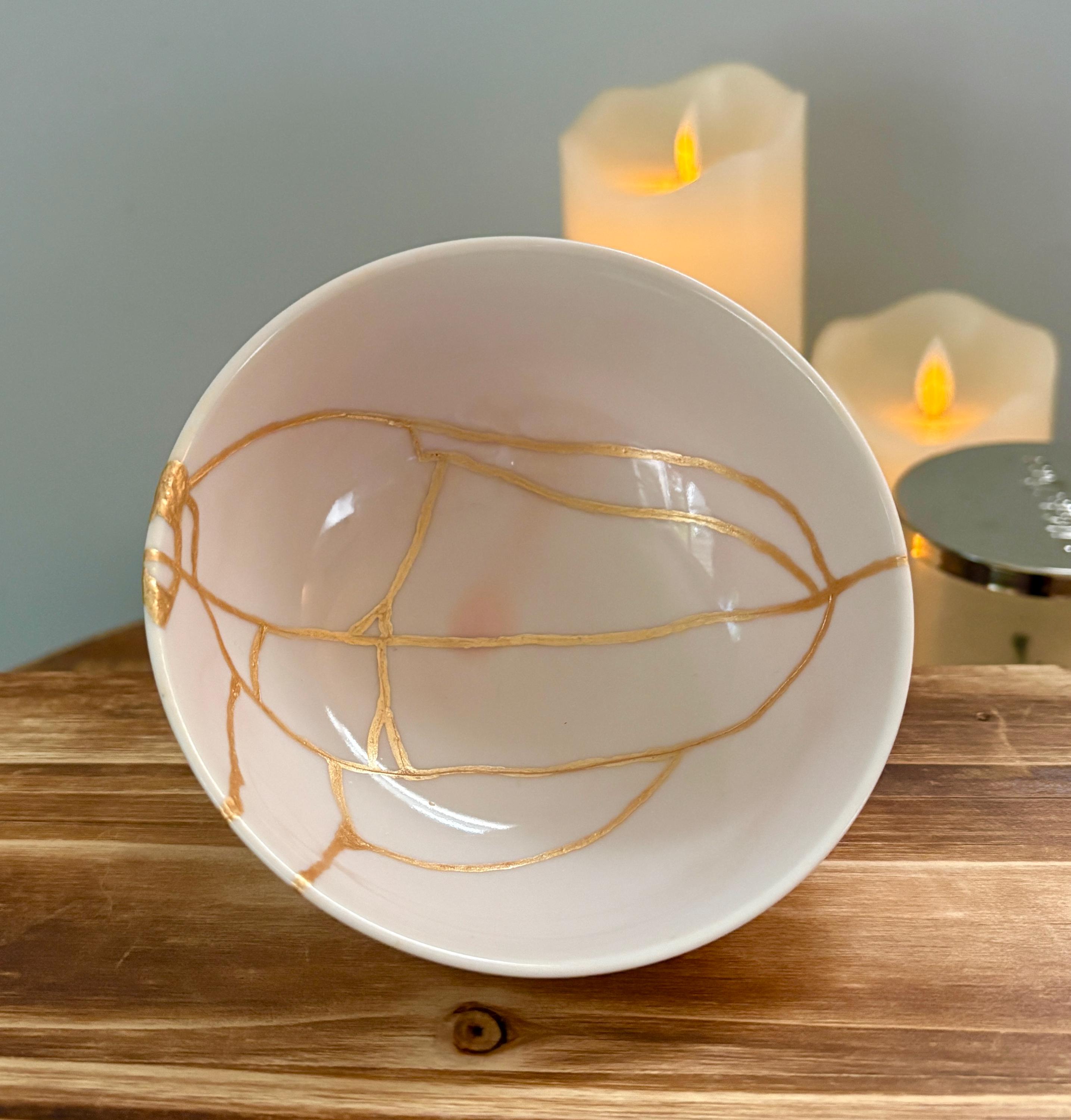 Kintsugi Pastel Pink Round Bowl With Imprinted White Lines, and Yellow ...