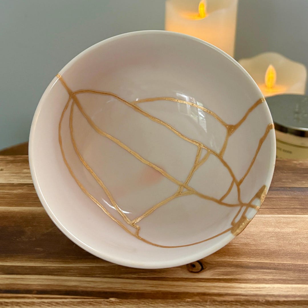 Kintsugi Pastel Pink Round Bowl With Imprinted White Lines, and Yellow ...