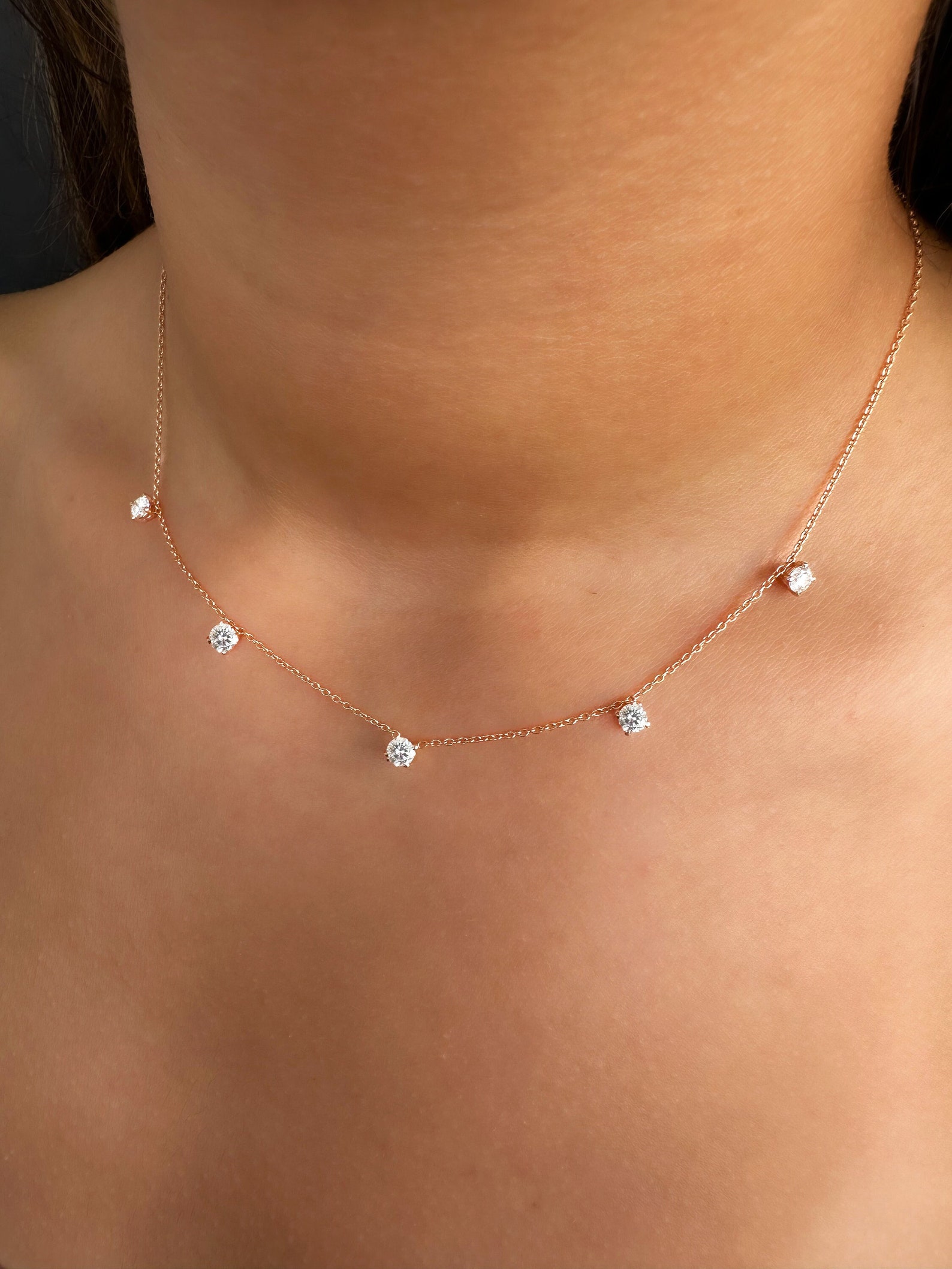 1.25 Ct Diamond Necklace 14K Gold Lab Grown Diamond Necklace, 5 Stone ...