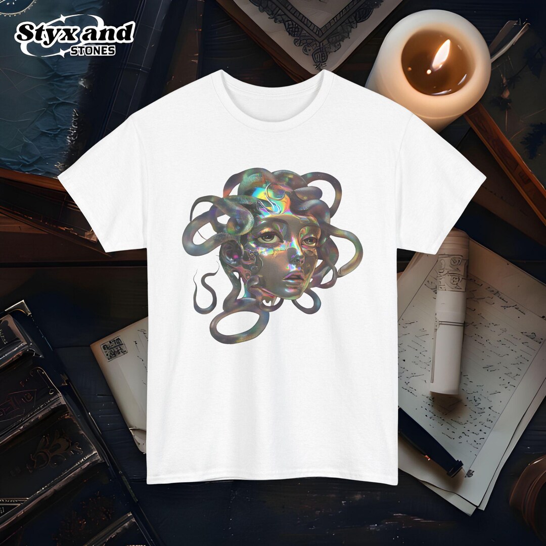Metallic Chrome Y2K Medusa Mythology T-shirt Greek Mythical Gorgon Tee ...