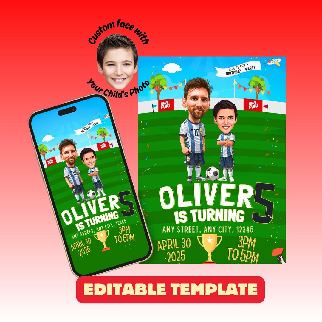 Messi Birthday Invitation, Custom Face Photo Invite Messi Birthday ...