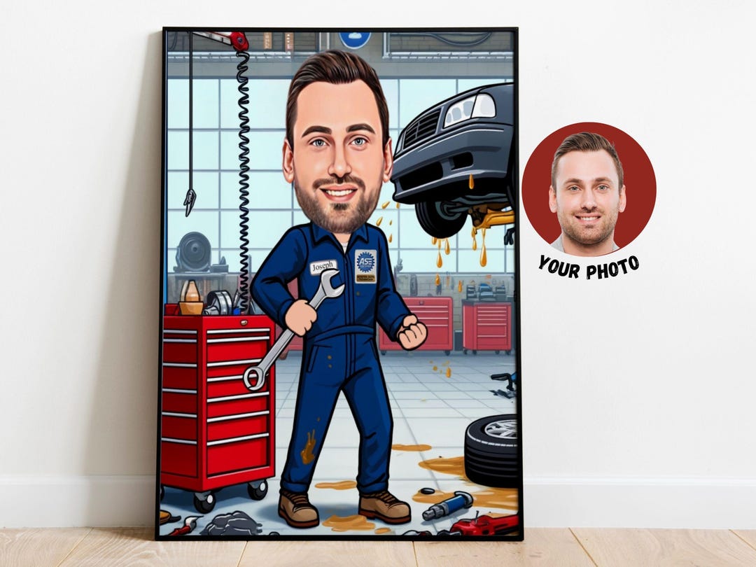 Car Mechanic Caricature Drawing From Photo, Funny Mechanic Gift for Men ...