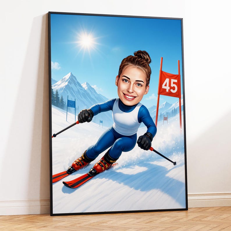 Personalized Female Skier Cartoon Portrait, Custom Ski Woman Caricature ...