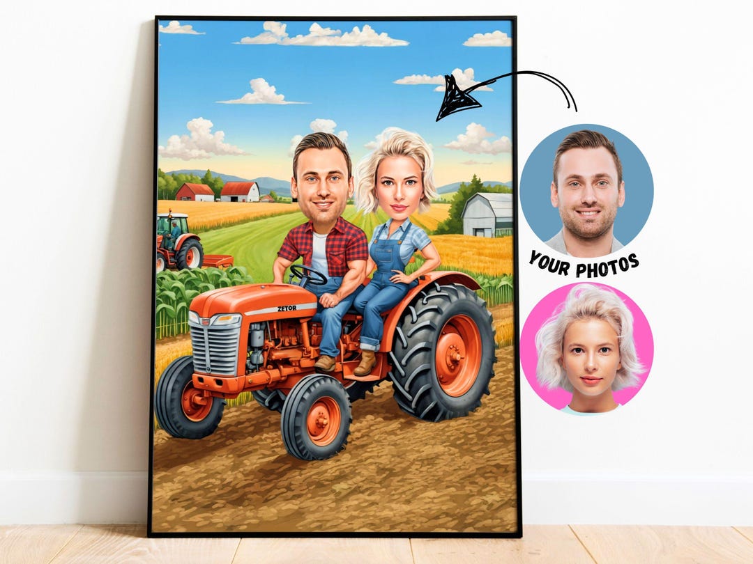 Custom Farmer Couple Portrait: Personalised Caricature on Tractor From ...