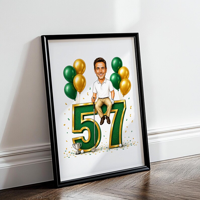 57th Birthday Golf Cartoon Portrait for Him, Custom 57th Birthday ...