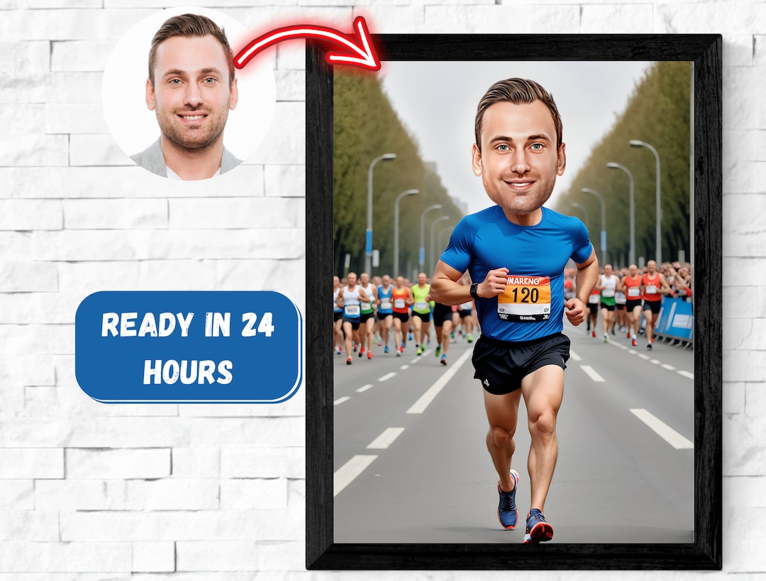 Custom Marathon Running Cartoon Portrait, Gift for Male Marathon Runner ...