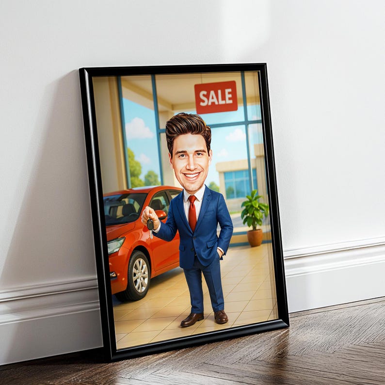 Car Salesman Caricature: Personalized Auto Dealer Cartoon Portrait ...