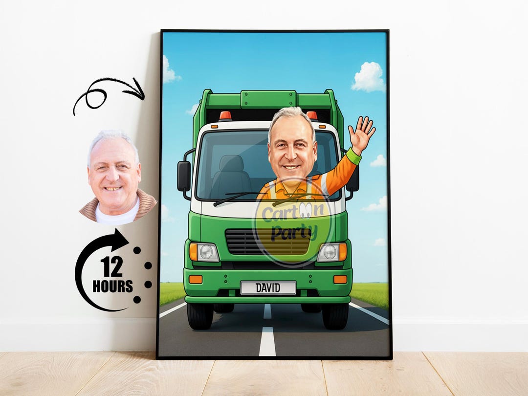 Garbage Truck Driver Cartoon Portrait, Gift for Garbage Collector ...
