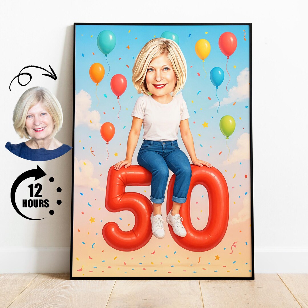 Personalized 50th Birthday Cartoon Portrait: Custom Caricature (digital ...
