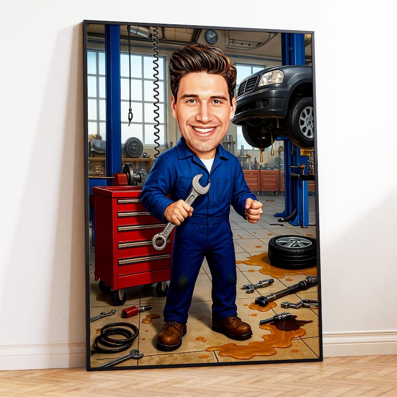Car Mechanic Caricature Drawing From Photo, Funny Mechanic Gift for Men ...