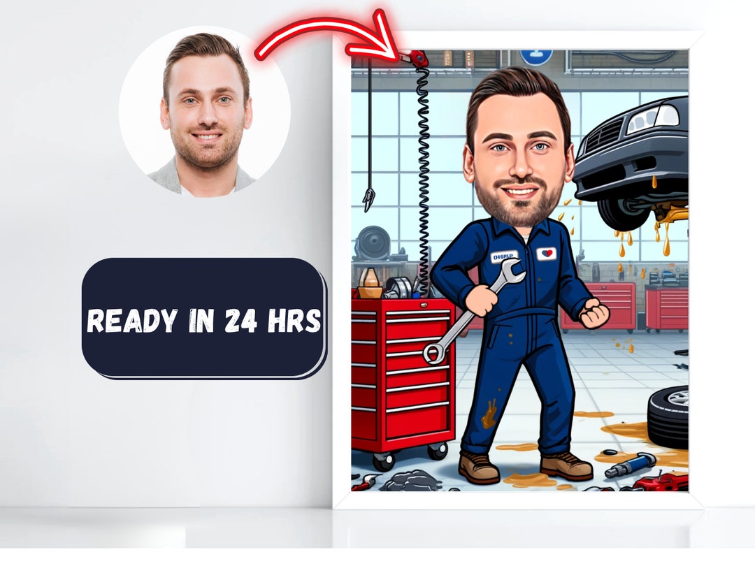Car Mechanic Caricature Drawing From Photo, Funny Mechanic Gift for Men ...