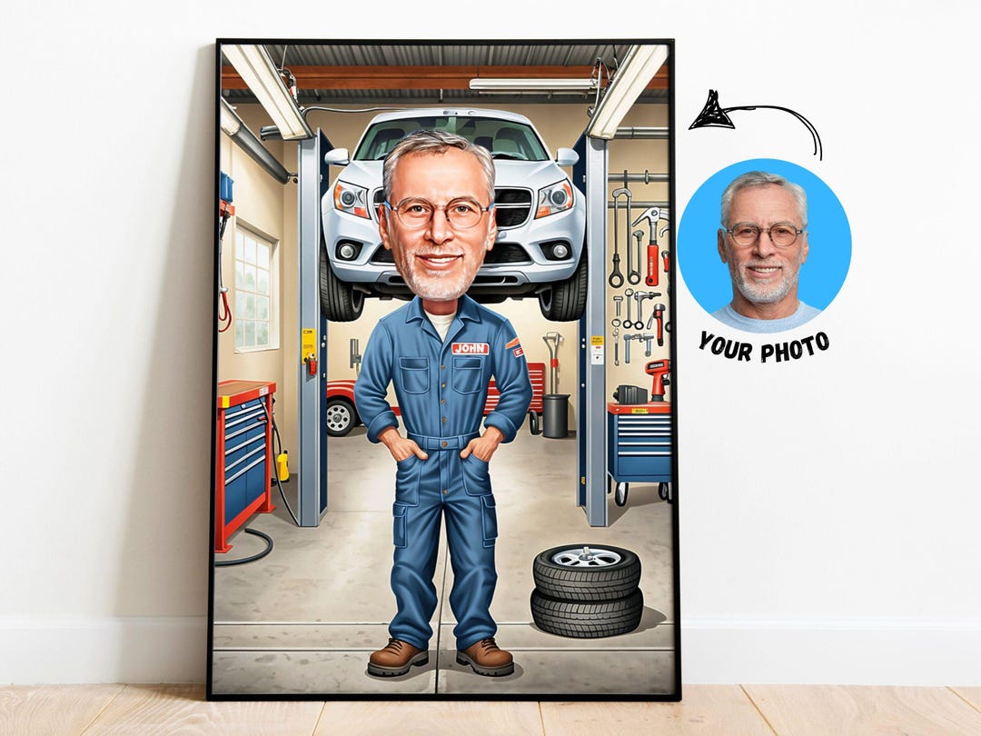 Custom Mechanic Caricature Poster: Personalized Garage Art (digital ...