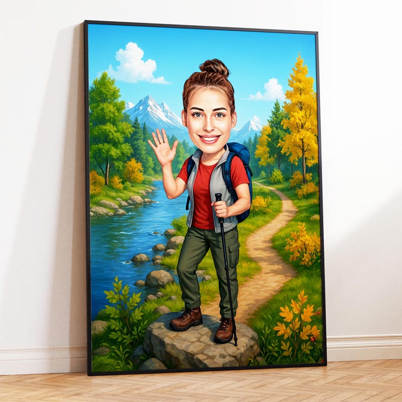 Custom Hiking Caricature: Personalized Mountain Art Gift (digital ...