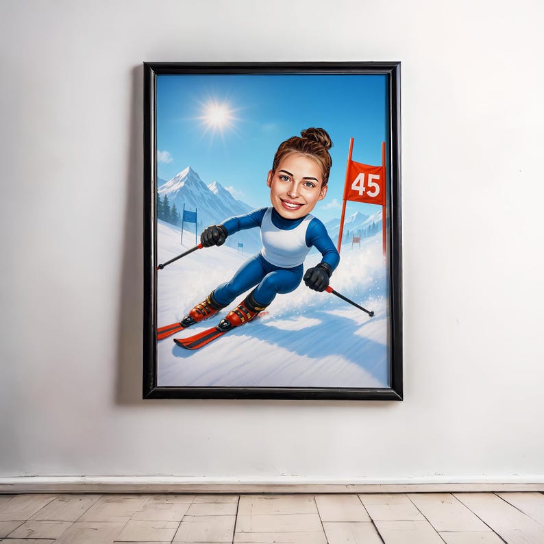 Personalized Female Skier Cartoon Portrait, Custom Ski Woman Caricature ...