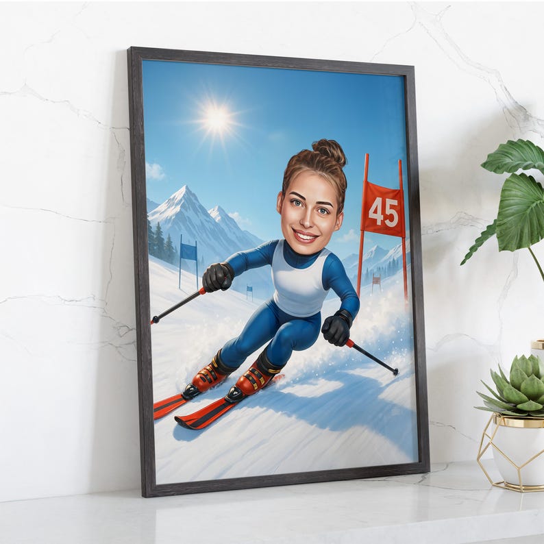 Personalized Female Skier Cartoon Portrait, Custom Ski Woman Caricature ...