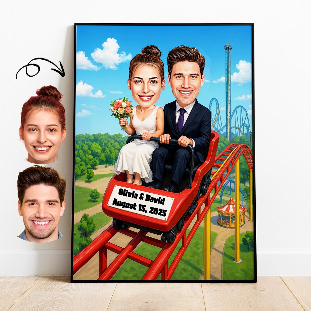 Funny Wedding Caricature: Bride & Groom Roller Coaster Portrait ...