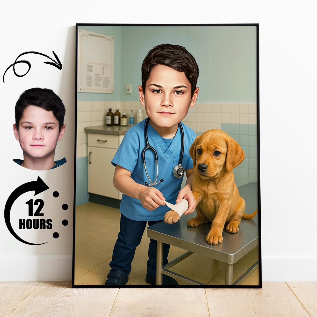 Custom Vet Boy Caricature Portrait: Gift for Animal Lover (digital ...