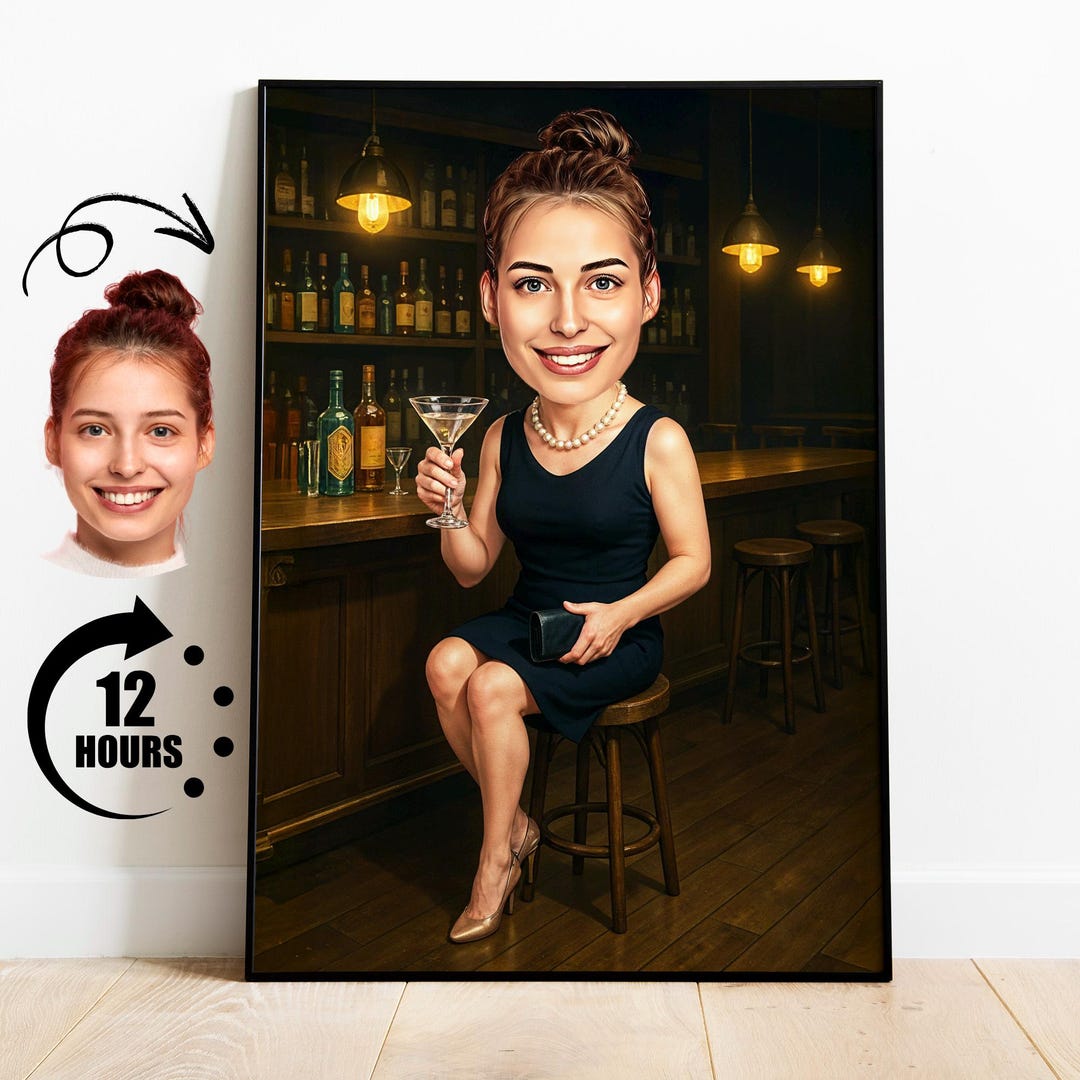 Funny Cocktail Woman Caricature From Photo, Custom Woman at Bar Cartoon ...