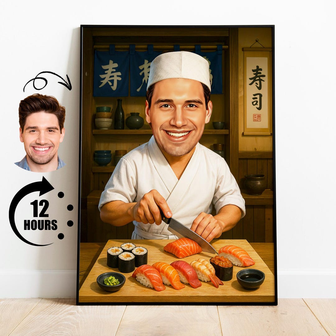 Custom Sushi Chef Caricature: Funny Japanese Kitchen Decor (digital ...