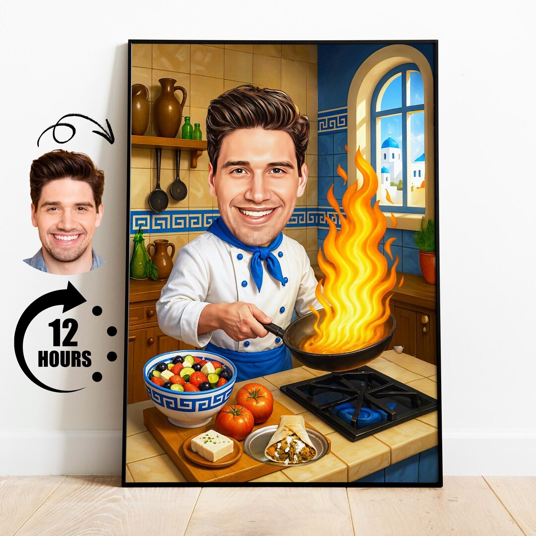 Funny Greek Chef Caricature From Photo: Personalized Mediterranean ...