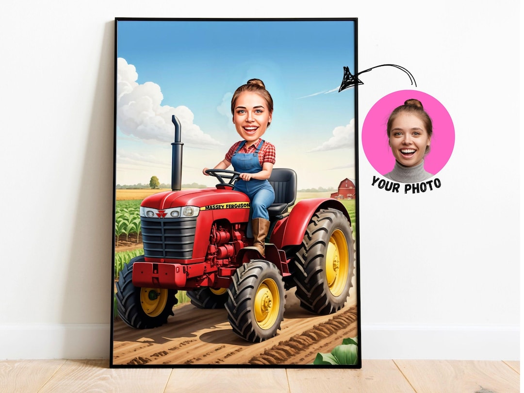 Female Farmer Portrait Custom Tractor Caricature Gift for Farm Lovers ...