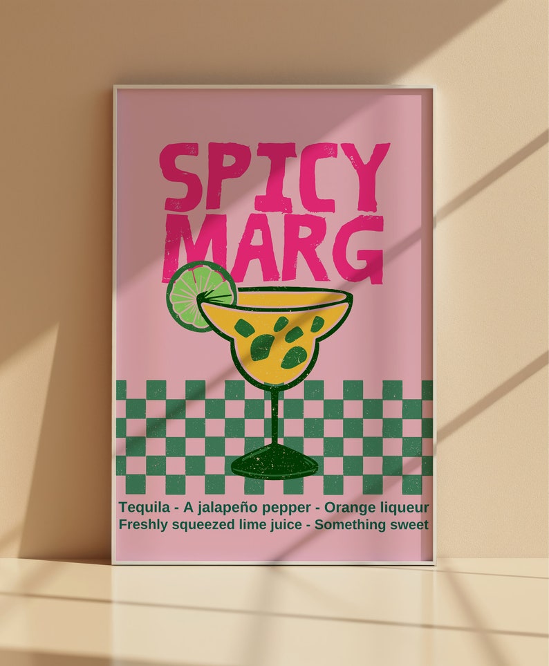 Retro Happy Hour & Spicy Margarita Wall Art Set, Modern Vibrant ...
