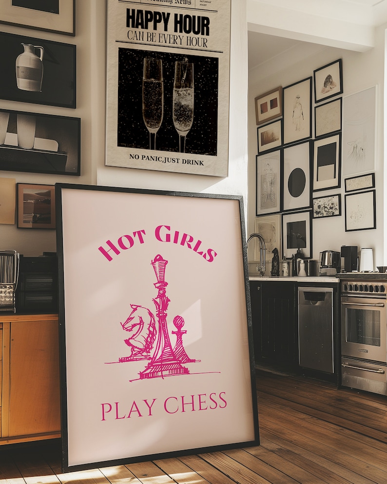 Retro Pink Chess Print: Hot Girls Play Chess, Preppy Wall Art (PDF ...