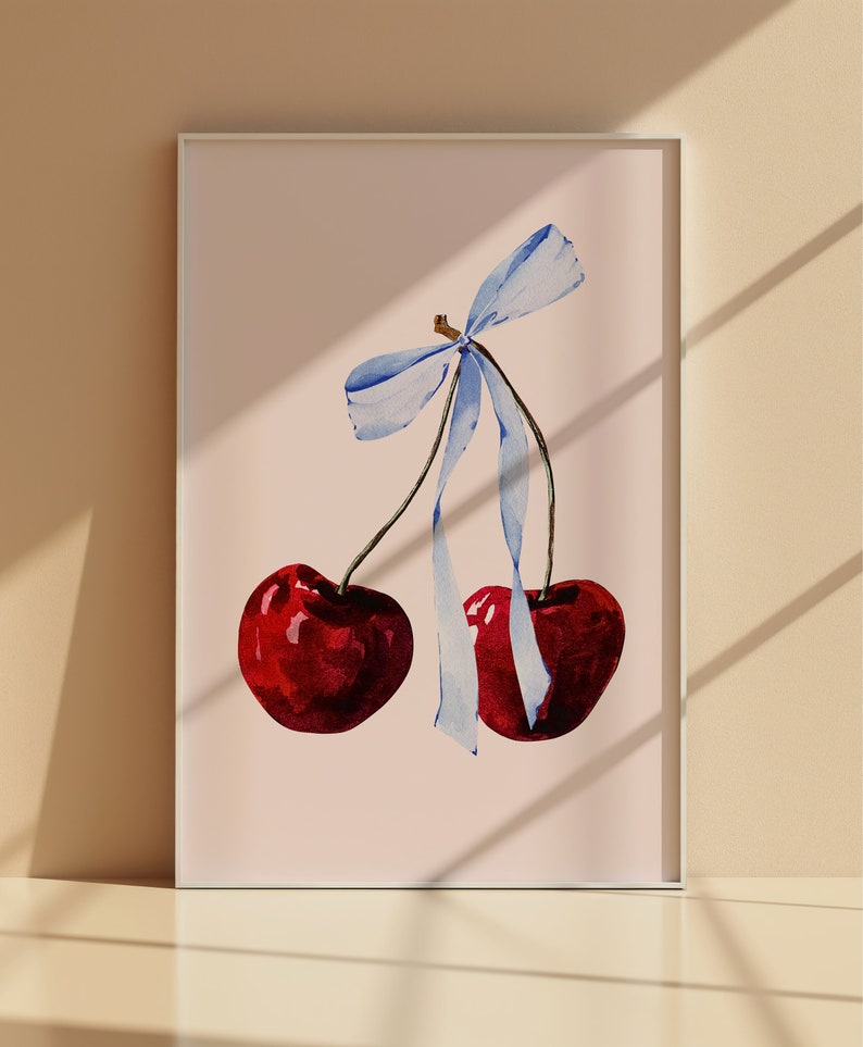 Coquette Cherry Print , Girly Wall Art , Preppy Cherry Decor , Blue Bow ...