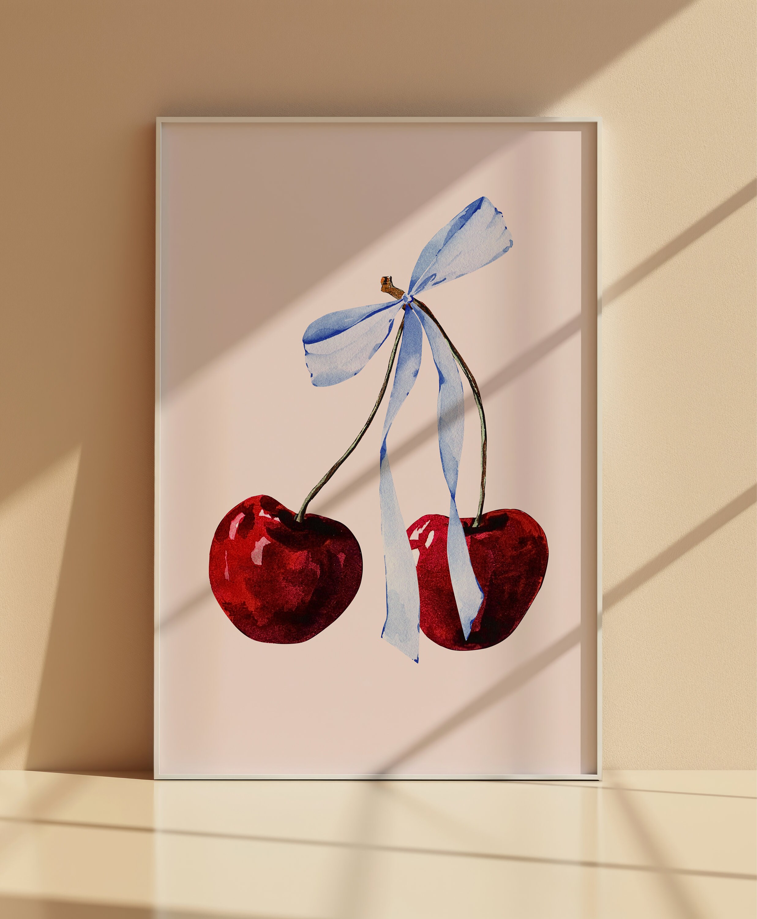 Coquette Cherry Print , Girly Wall Art , Preppy Cherry Decor , Blue Bow ...
