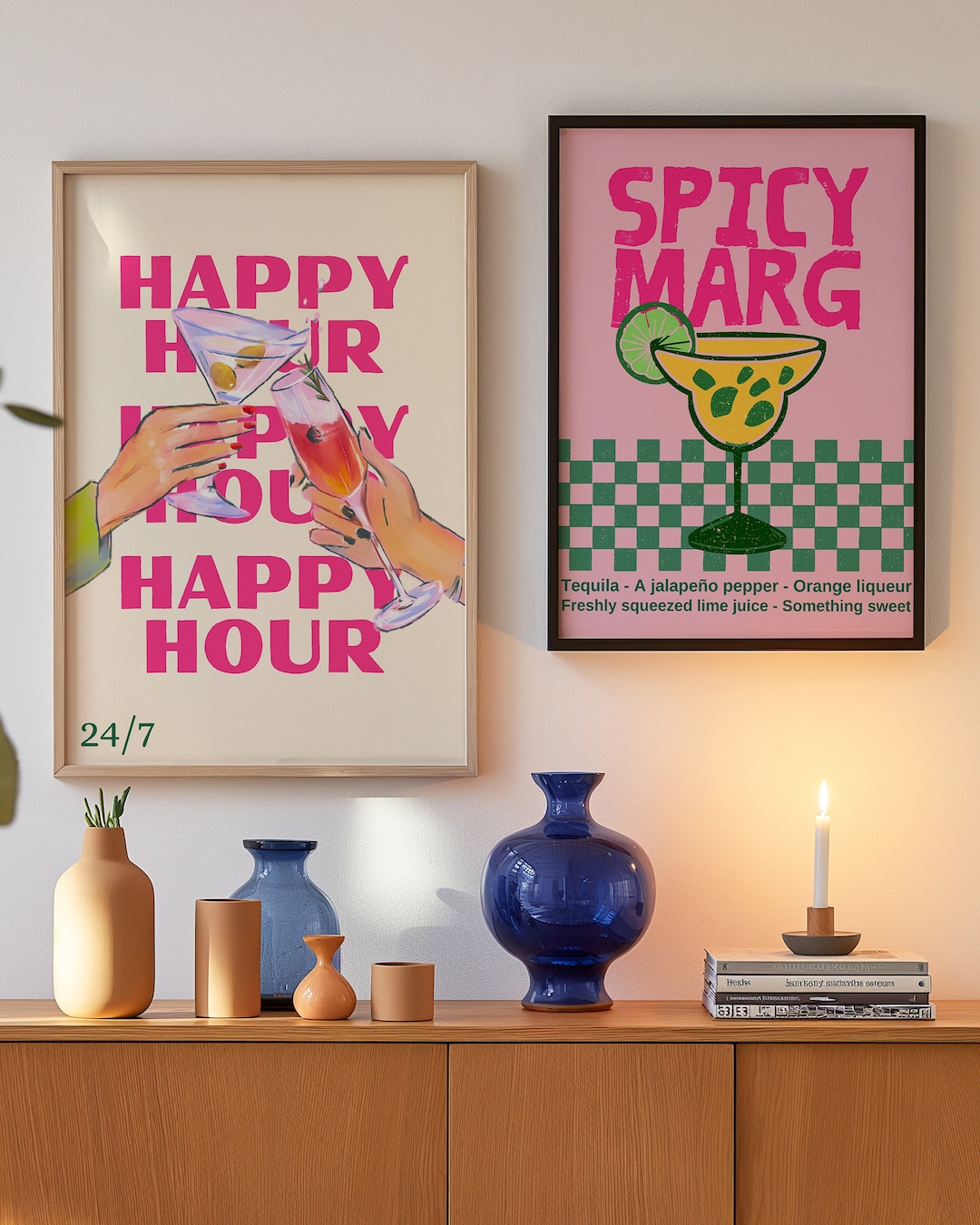 Retro Happy Hour & Spicy Margarita Wall Art Set, Modern Vibrant ...