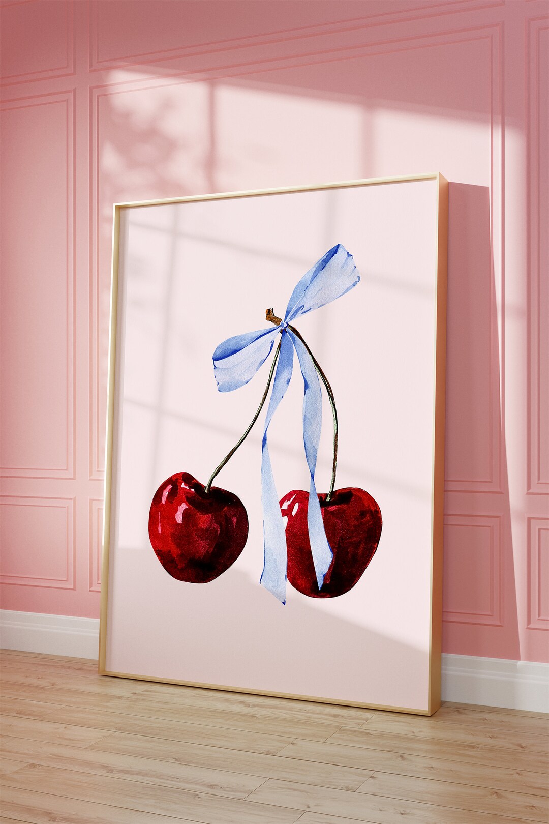 Coquette Cherry Print , Girly Wall Art , Preppy Cherry Decor , Blue Bow ...