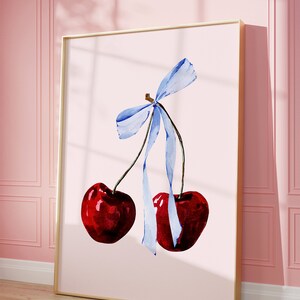 Coquette Cherry Print , Girly Wall Art , Preppy Cherry Decor , Blue Bow ...