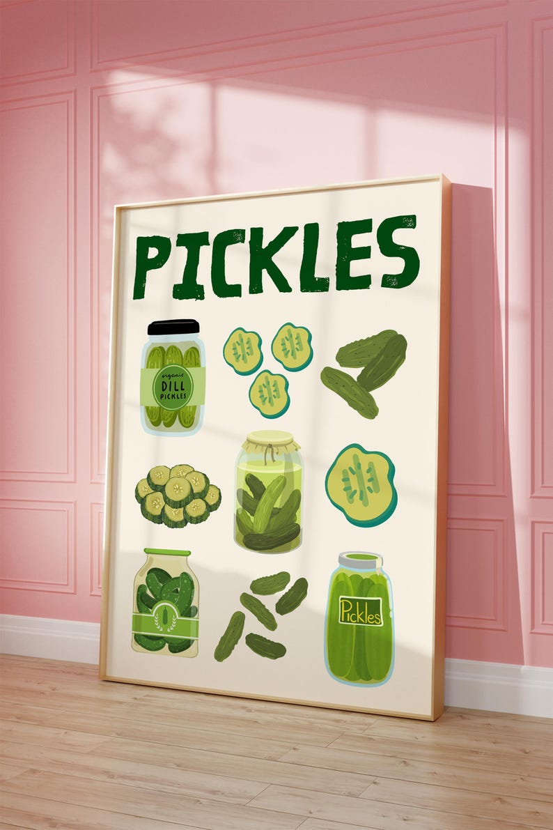Retro Pickles Kitchen Wall Art | Cute Green Pickle Poster | Jar and ...